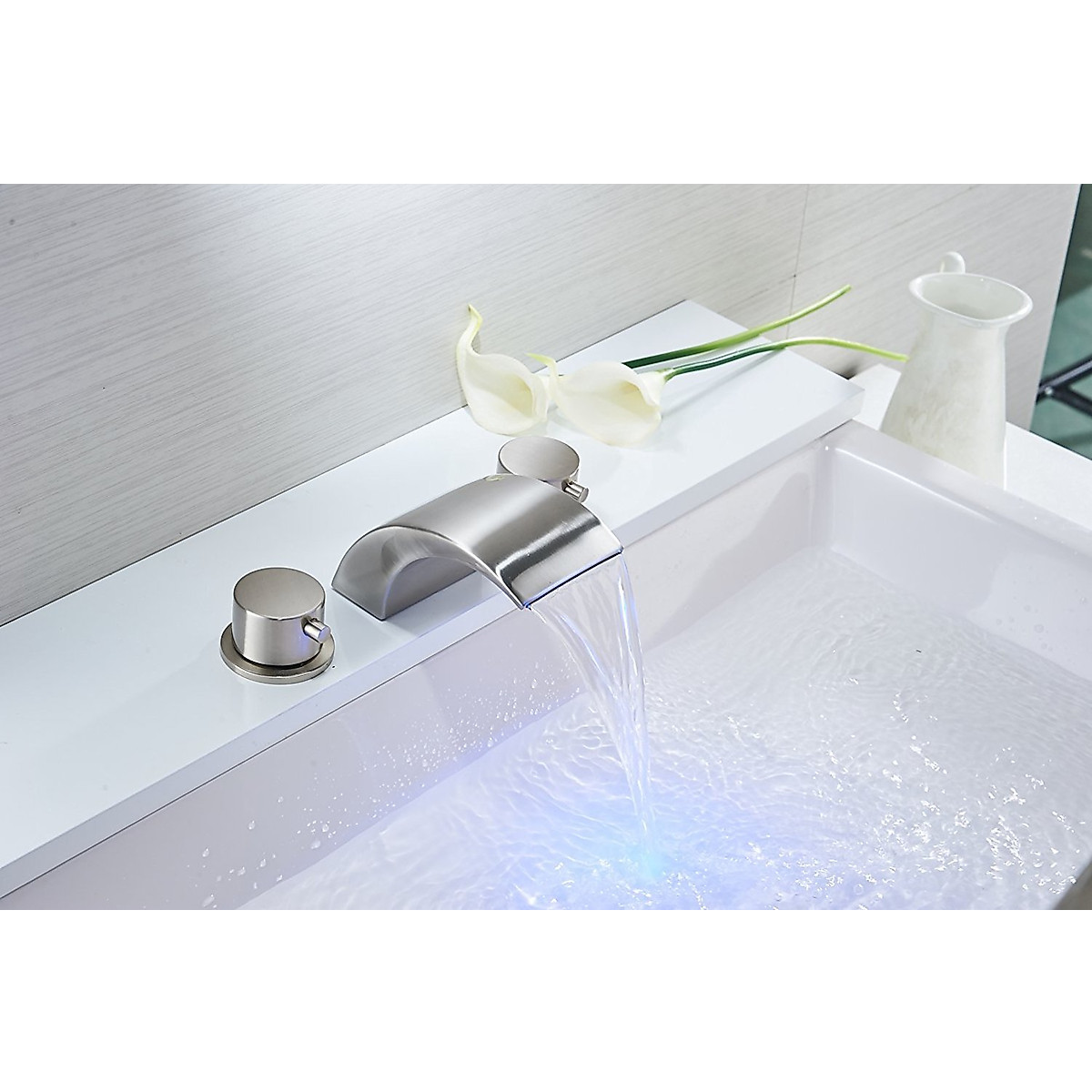 Bathfinesse 8-16 Inch LED Light Faucet Widespread Bathroom Sink Faucet Waterfall Vanity with 3-Color Changing 3 Holes with 2-Handles T Commercial Brushed Nickel Deck Mount Lavatory Faucets
