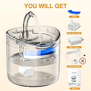 Cat Water Fountain, 67oz / 2L Automatic Dog Water Dispenser, Super Silent, Transparent Water Tank Pet Fountain for Cats Dogs Multiple Pets (with External Sensor)