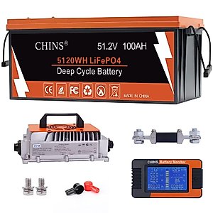 CHINS 48V 100AH Lithium Battery for Golf Cart with 48V 18A Charger, Monitor, Built-in Bluetooth 200A BMS, 48V Golf Cart Battery with 10.24kW Output, 1000A Peak Current