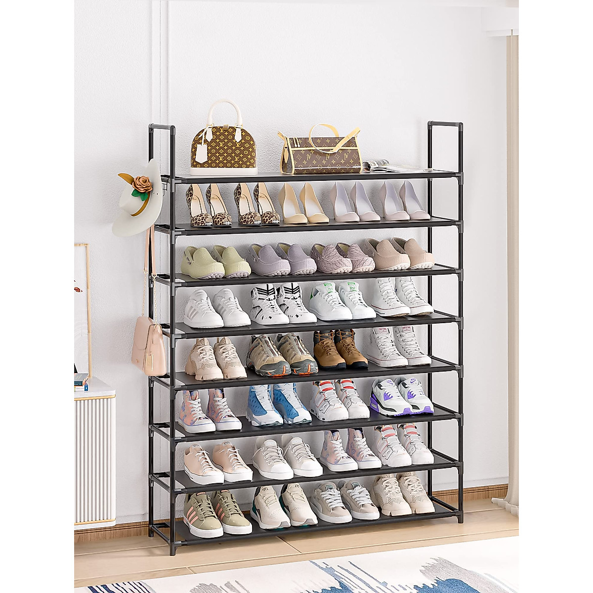 OYREL 8 Tier Shoe Organizer, 33.3in Wide x 11.2in Deep x 55.7in Tall, Black Metal and Plastic Shoe Rack, Holds up to 32-40 Pairs of Shoes