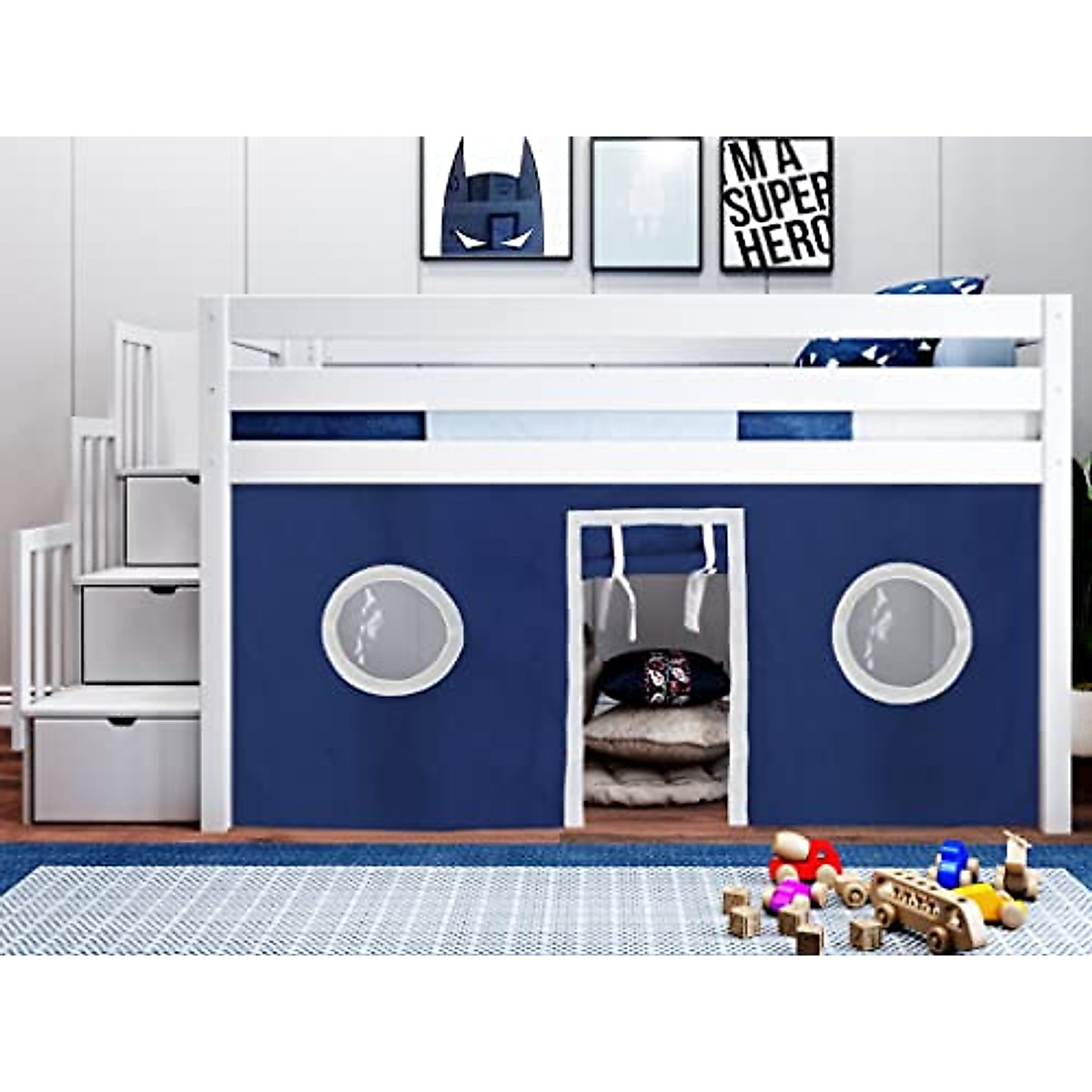 JACKPOT! Contemporary Low Loft Bed with Stairway, Twin, White with Blue & White Tent