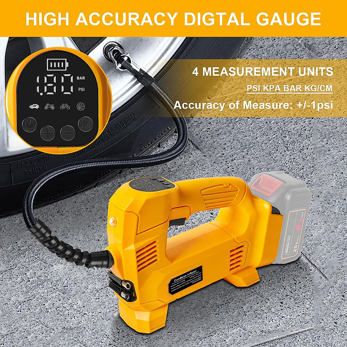 AMICROSS Cordless Tire Inflator Compatible with DEWALT 20V Max Battery,Portable Air Compressor with Digital Pressure Gauge,Auto Air Pump for Ball,Bike,Car,Motorcycle (Battery Not Included)