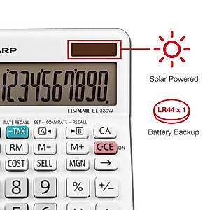 Sharp EL-330WB Standard Function Basic Desktop Calculator, Large Display, For Home and Office, Dual Power, Solar and Battery