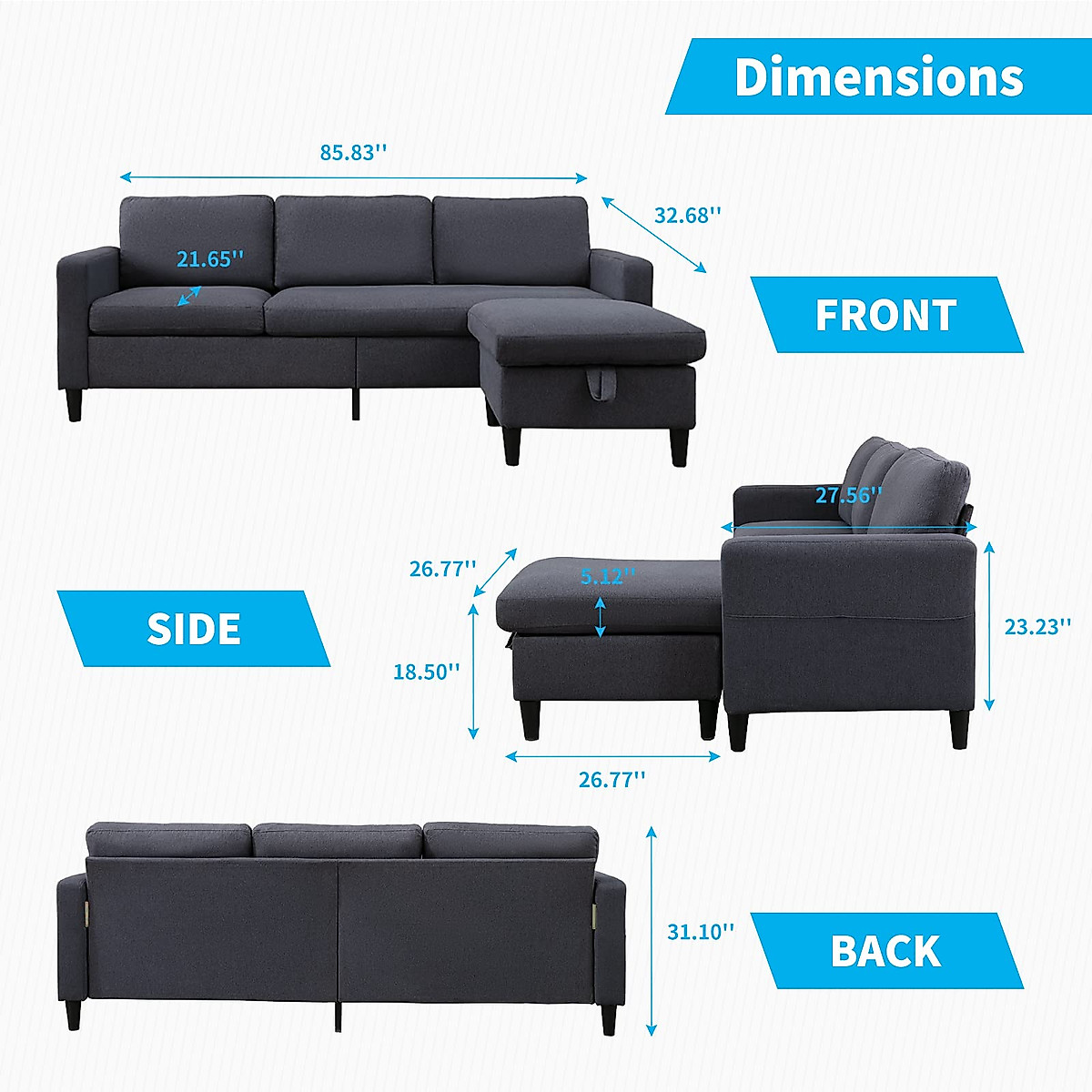 Mjkone 86" L-Shape Sectional Sofa Couch, Linen Convertible Sofa Chaise with Reversible Storage Ottoman, Large Modular Sofa with 2 Side Pockets for Living Room Apartment Studio - Dark Gray