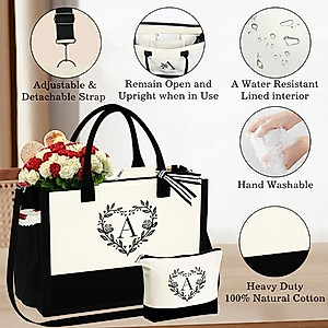 YOOLIFE Canvas Tote Bag for Women - Monogram Initial Beach Tote Bag with Zipper Makeup Bag for Women Her Mom Friend Female Sister Bridesmaid Girlfriend Wife, Personalized Birthday Gifts for Women R