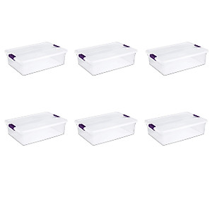 Sterilite 32 Quart/30 Liter ClearView Latch Box, Clear with Sweet Plum Latches, 6-Pack & Deep Clear Plastic Stackable Storage Container Bin Box Tote with Clear Latching Lid Organizing Solution, 4 Pack
