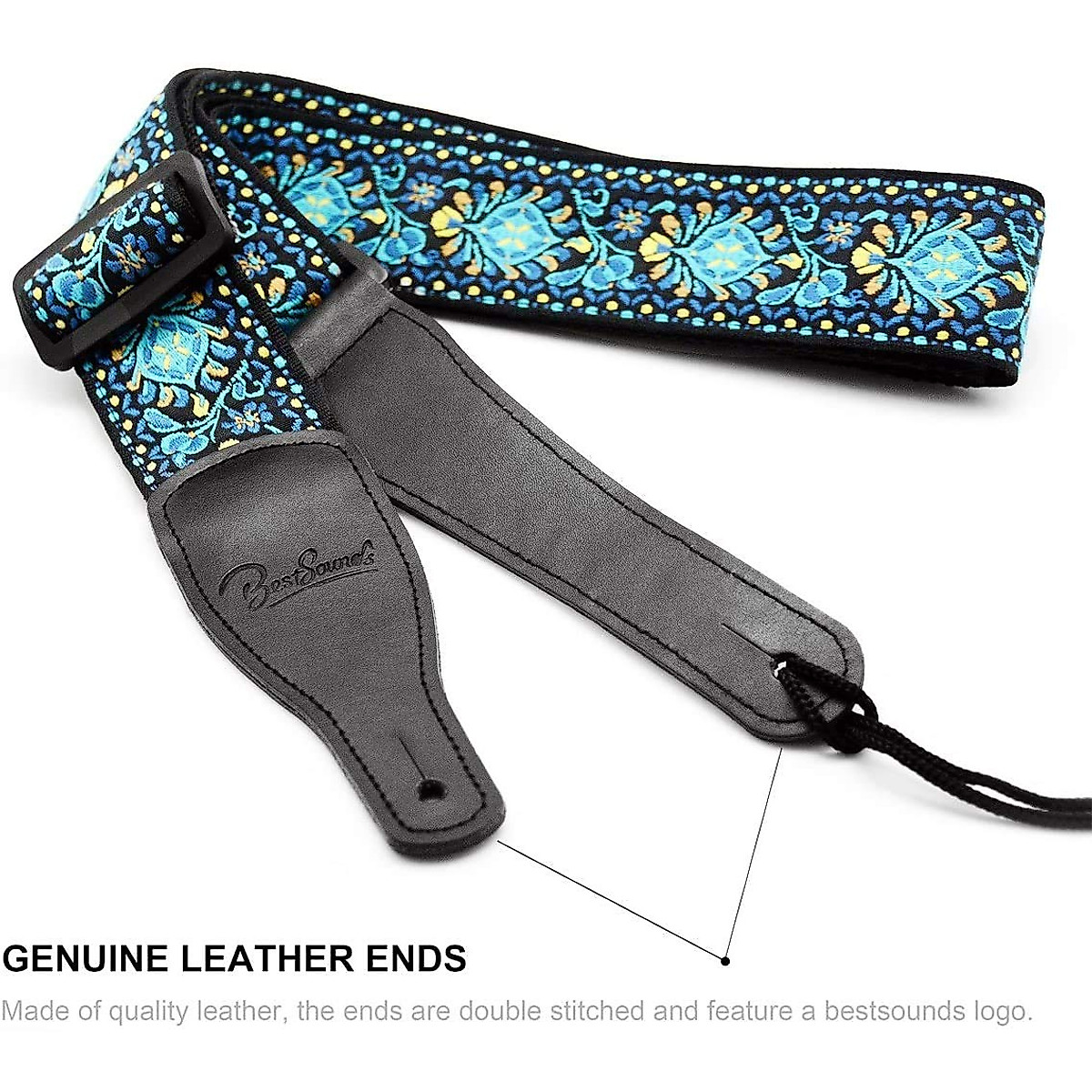 Guitar Strap, Vintage Embroidered Cotton Strap with Genuine Leather Ends for Acoustic and Electric Guitar, Bass Guitars