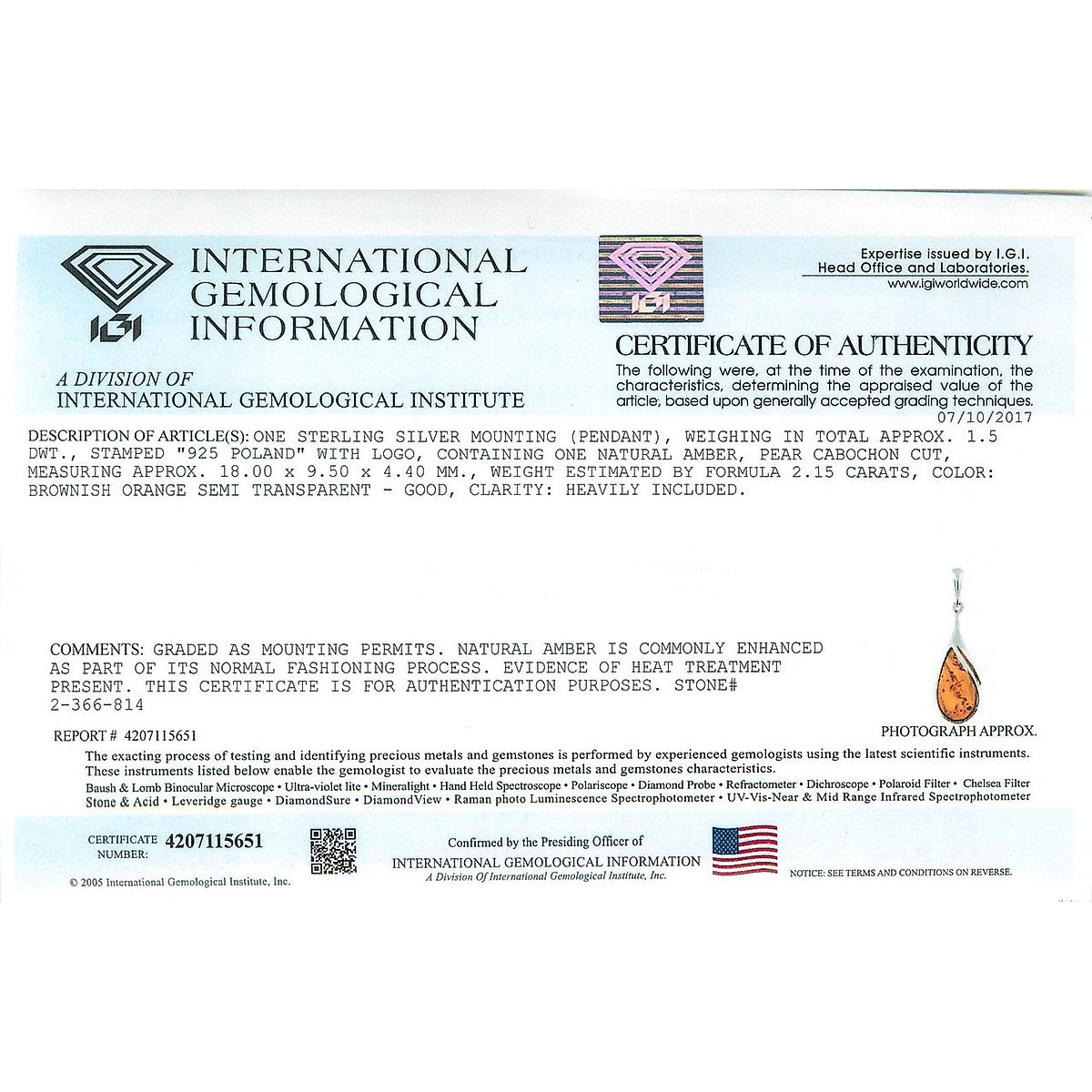 Ian and Valeri Co. Amber Sterling Silver Drop Pendant Necklace 18 Inches