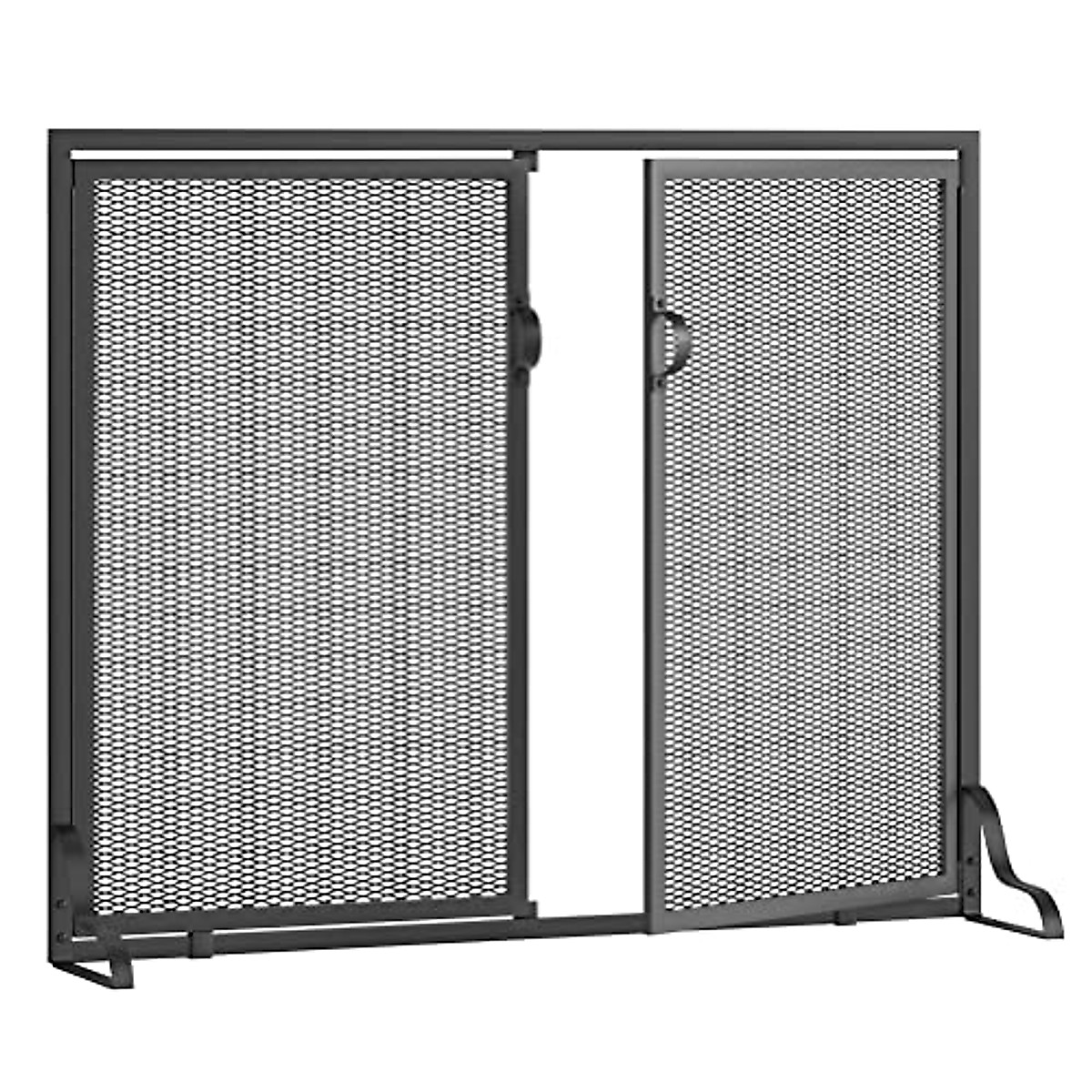 Kingson 37.8x30.7 in Fireplace Screen with Doors, 2-Pannel Handcrafted Solid Wrought Iron Decorative Mesh Classic Fire Spark Guard-Black