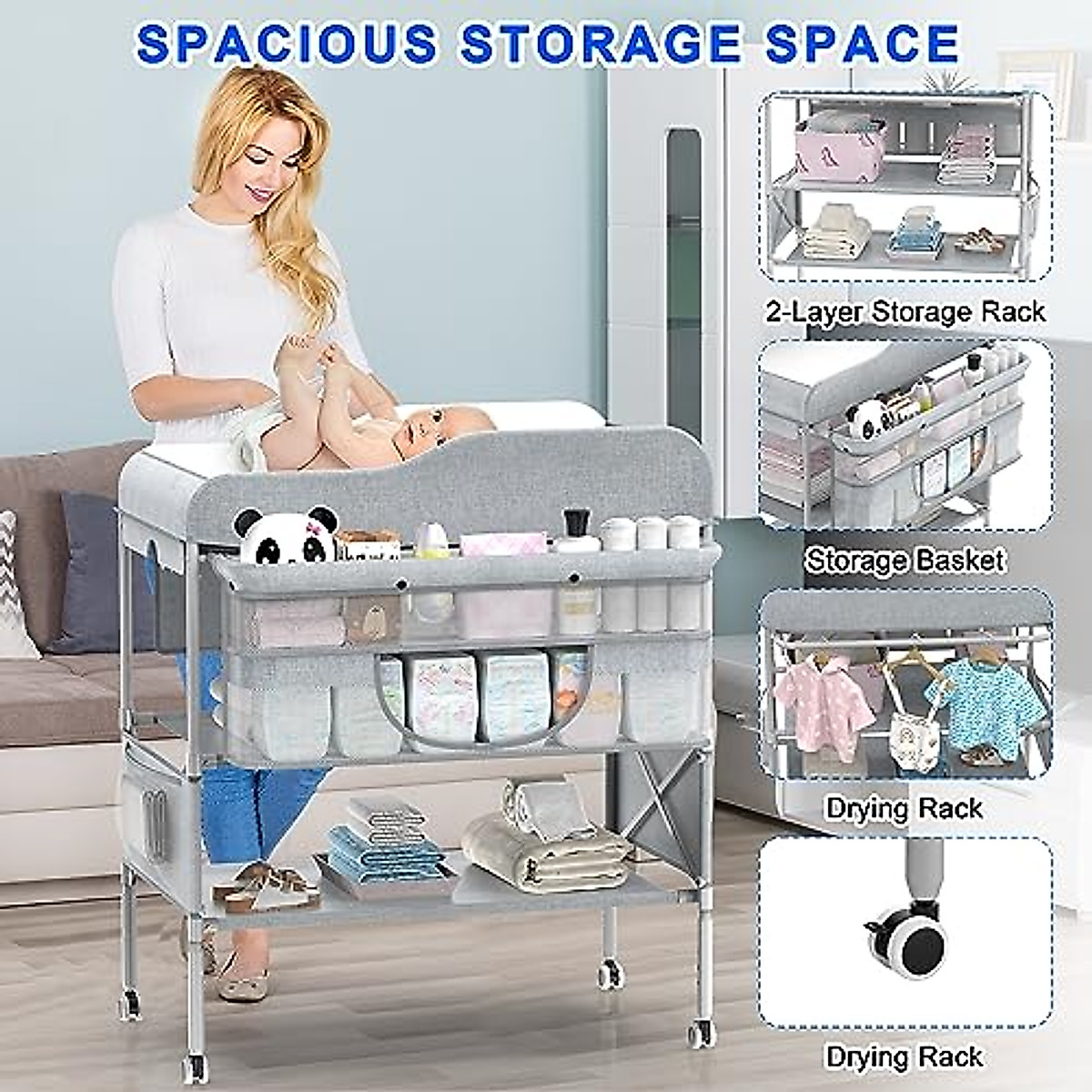 Portable Baby Changing Table, Foldable Changing Table Dresser Baby Changing Station, Height Adjustable Waterproof Diaper Changing Table Pad Topper, Newborn Nursery Organizer