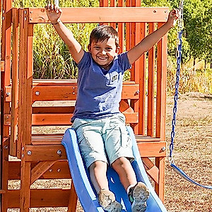 Dolphin Playground Cedar Wooden Swing Sets for Backyard, Outdoor Playset for Kids with Monkey Bar, 2 in 1 Outdoor Table, Wave Slide, Climbing Wall, and 2 Belt Swings, Playground Sets for Backyards