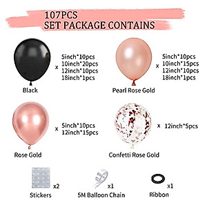 GREMAG Black and Rose Gold Balloon Arch, 107PCS Black Balloons Garland Kit with Pearl Metallic Confetti Rose Gold Various Size Balloons, for Graduation Baby Shower Birthday Party Wedding Decorations