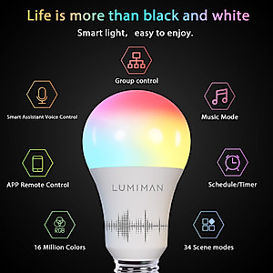 LUMIMAN Smart Light Bulbs, WiFi Alexa Light Bulb, LED Color Changing Dimmable Smart Bulb, Warm to Cool White A19 E26 7.5W 800LM, Works with Alexa Google Home, No Hub Required, 2 Pack