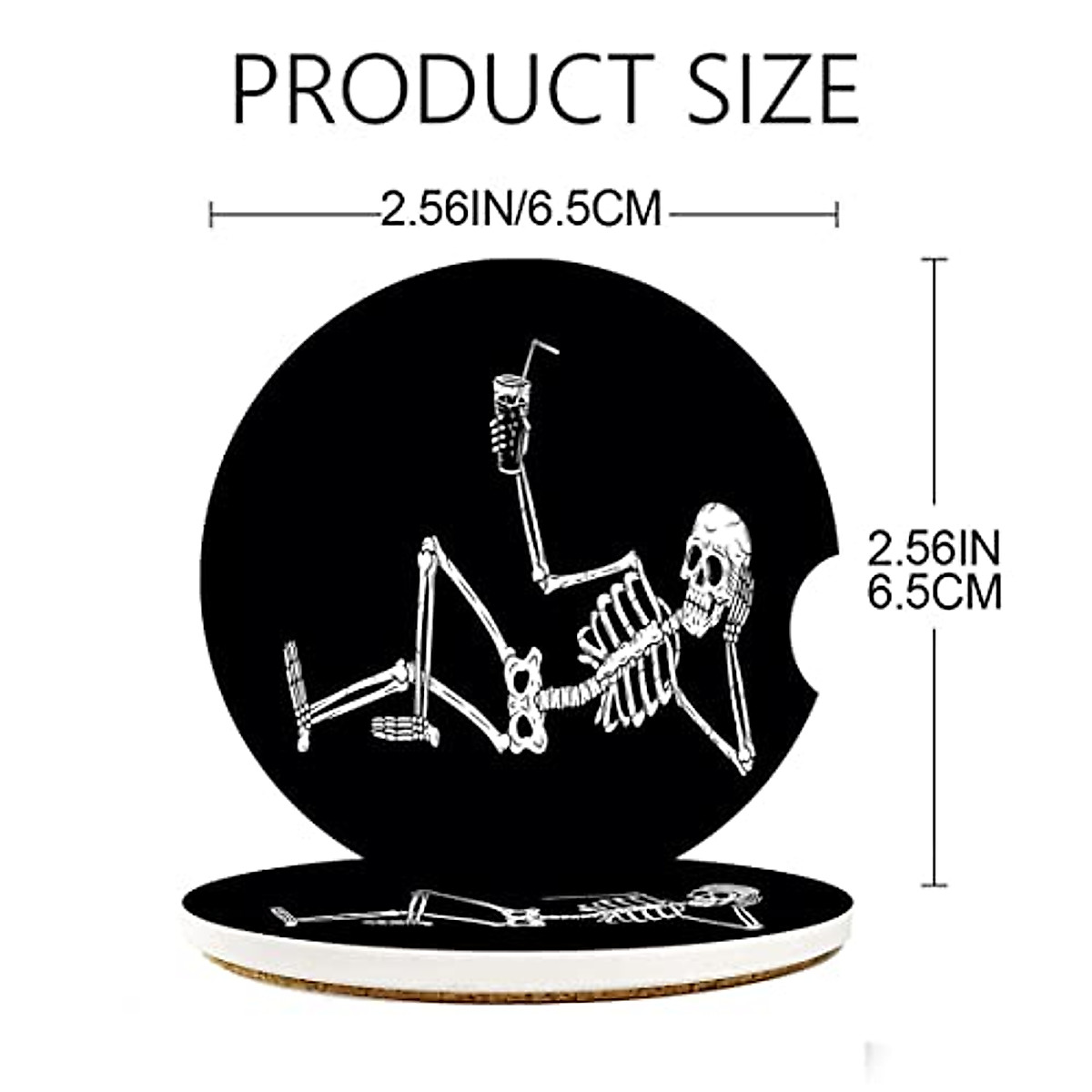 Car Coasters for Drinks Absorbent, 2 Pack Cup Holders, 2.56" Ceramic Stone & Non-Scratch Cork Base Coasters, Auto Accessories for Women & Men, Human Skeleton Cocktail Funny Skull