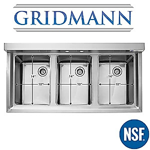 GRIDMANN 3 Compartment Stainless Steel Bar Sink, NSF Commercial Kitchen Underbar Sink with 10" L x 14" W x 10" D Bowls for Restaurant, Laundry, Garage