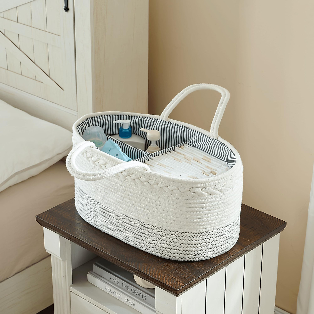 luxury little Baby Diaper Caddy Organizer, Large Cotton Rope Nursery Diaper Basket, Changing Table Organizer, Portable Tote Bag with Divider, Car Storage, Baby Shower Gifts for Newborn