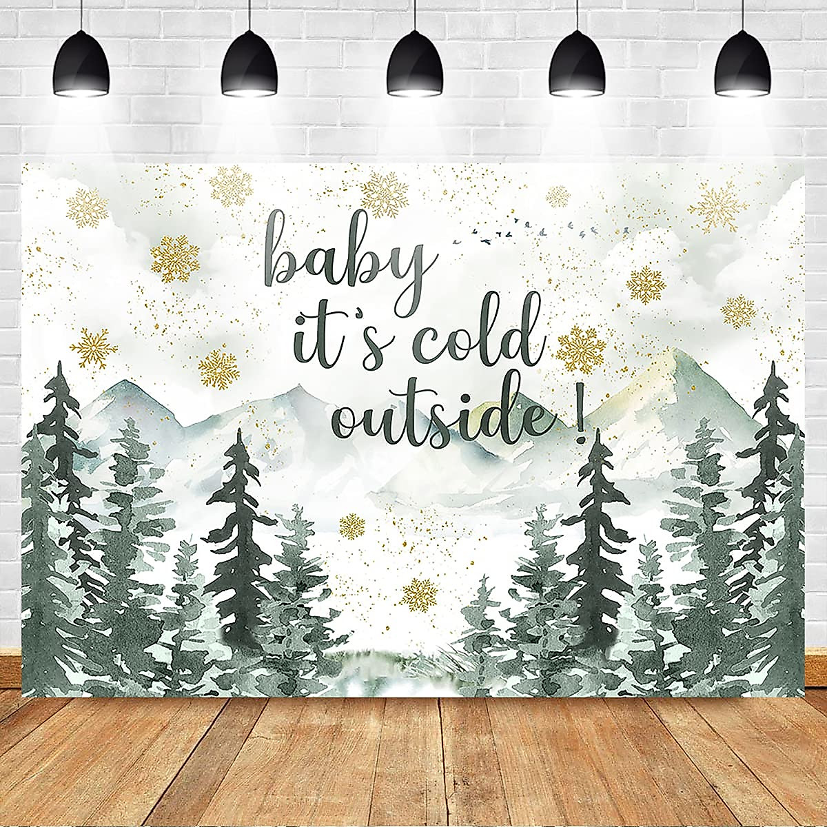 Mocsicka Winter Baby Shower Backdrop 7x5ft Baby It's Cold Outside Gender Neutral Photo Backdrops Green Mountain Gold Snowflakes Baby Shower Photography Background