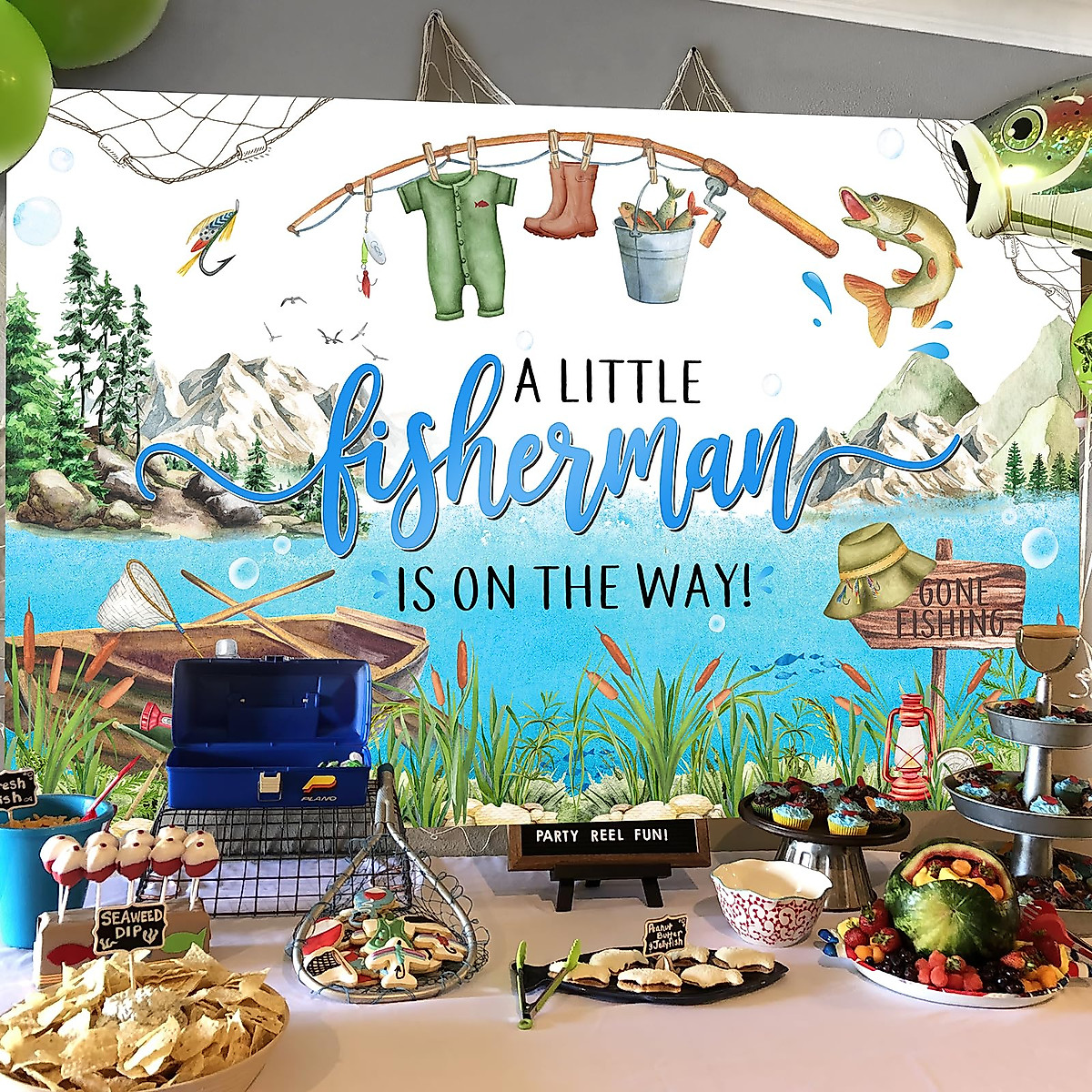 Avezano Fishing Baby Shower Backdrop A Little Fisherman is on The Way Baby Shower Party Decorations Banner Gone Fishing Baby Shower Party Background for Boys 70.8x43.3"