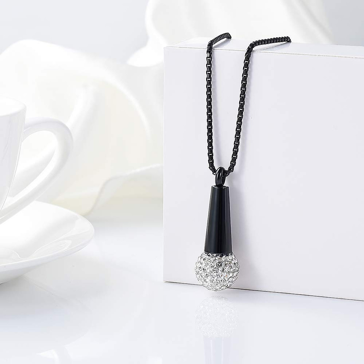 zeqingjw Microphone Cremation Jewelry for Ashes Urn Pendant Necklace with Crystal Stainless Steel Keepsake Memorial Ash Jewelry (Black)