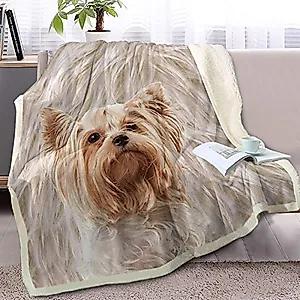 BlessLiving Cute Puppy Dog Print Fleece Throw Blanket Reversible Sherpa Blanket Throws for Couch Bed Sofa Car Seat (Yorkshire Terrier,Twin, 60 x 80 Inches)
