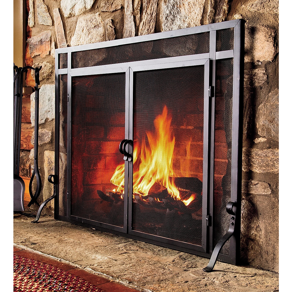 Plow & Hearth Metal Fireplace Screen Flatguard Black | 44" W x 33" H | 2 - Door | Spark Guard Indoor Grate | Iron Fire Place Cover | Wood Burning Stove Decorative Accessories