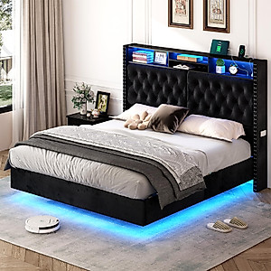 King Size Bed Frame with 59.4'' Tall Storage Headboard, Velvet Upholstered Platform Bed Frame King with Deep Button Tufted, LED Bed Frame with Charging Station, Pockets, No Box Spring Needed, Black