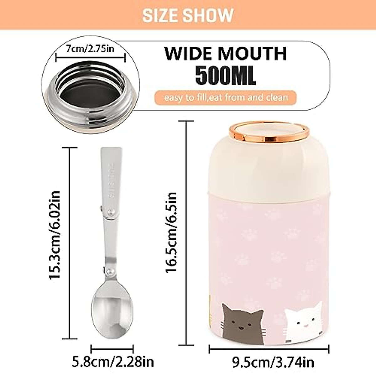 CUPADA Cats Paws Food Jar for Hot and Cold, Pink Cute Insulated Food Jars Vacuum 17OZ with Folding Spoon for Work Trip Picnic Camping