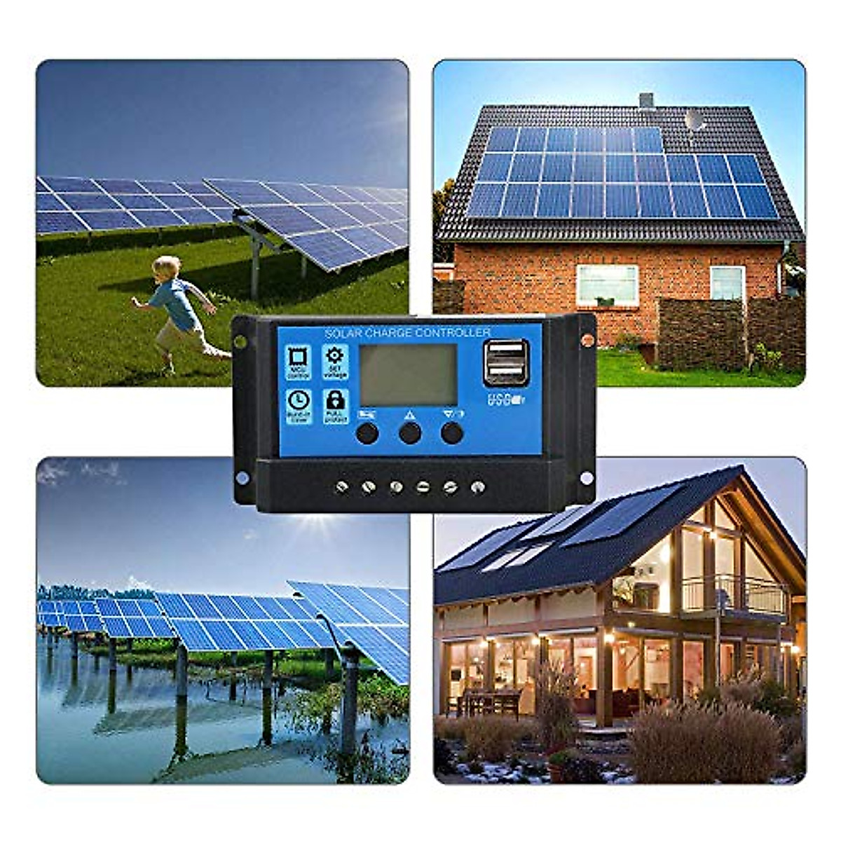30A Solar Charge Controller, Dual USB Port Solar Panel Battery Intelligent Regulator, Multi-Function Adjustable LCD Display Street Light Controller (30A)