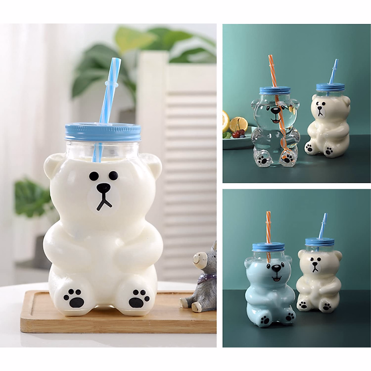 Kawaii Bear Sippy Cup 19oz Clear Bear Glass Cup with Lid and Straw Cute Kawaii Bear Glass Bottle Mug for Juice Milk Tea Smoothies Infused Water Beverage Food Grade Microwave Safe (Smiling Bear)