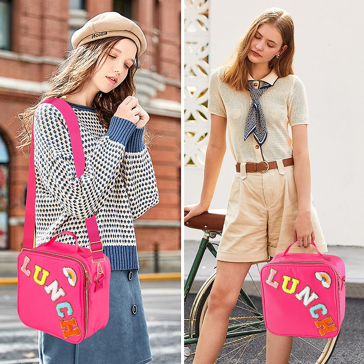 URSKYTOUS Insulated Lunch Bag for Women Girl Kid Teen Preppy Large Thermal Freezable Lunch Box Cute Hot Pink Big Reusable Kawaii Waterproof Lunch Tote Cooler Bag with Chenille Letter for School Office