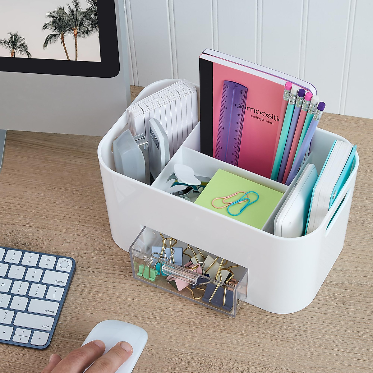 STORi Bliss White Makeup Organizer for Countertop, Divided Bathroom Organizer & Storage Drawer, Makeup Brush Holder, Cosmetic & Nail Polish Organizer, Made in USA