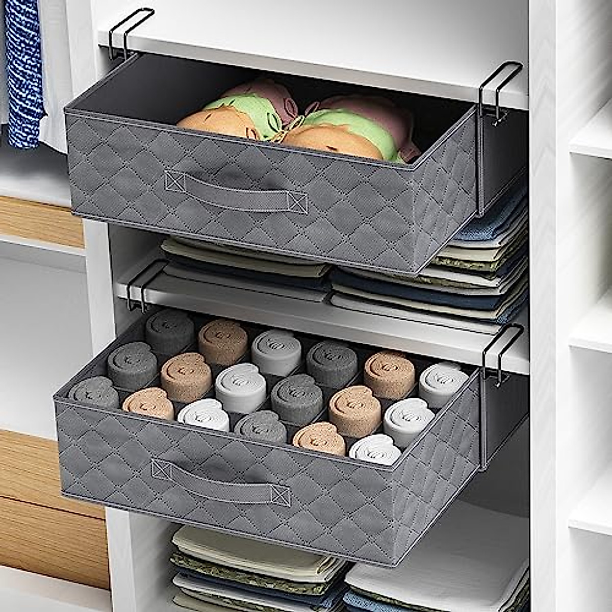 Carry360 2 Pack Sock Underwear Drawer Organizer Dividers, 24 Cell Fabric Foldable and Washable Cabinet Closet Organizers with Adjustable Clips for Clothes, Socks, Underwear (Gray)