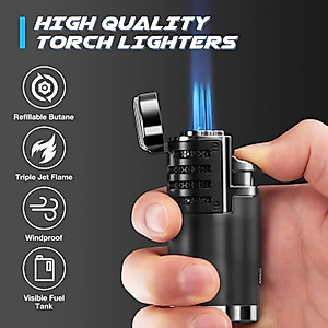 LcFun Butane Lighter 1 Pack Triple Jet Flame Torch Lighters Butane Refillable Gas Lighter Adjustable Windproof Pocket Lighter with Gift Box for Men and Women-Butane Not Included (1 Pack Black)