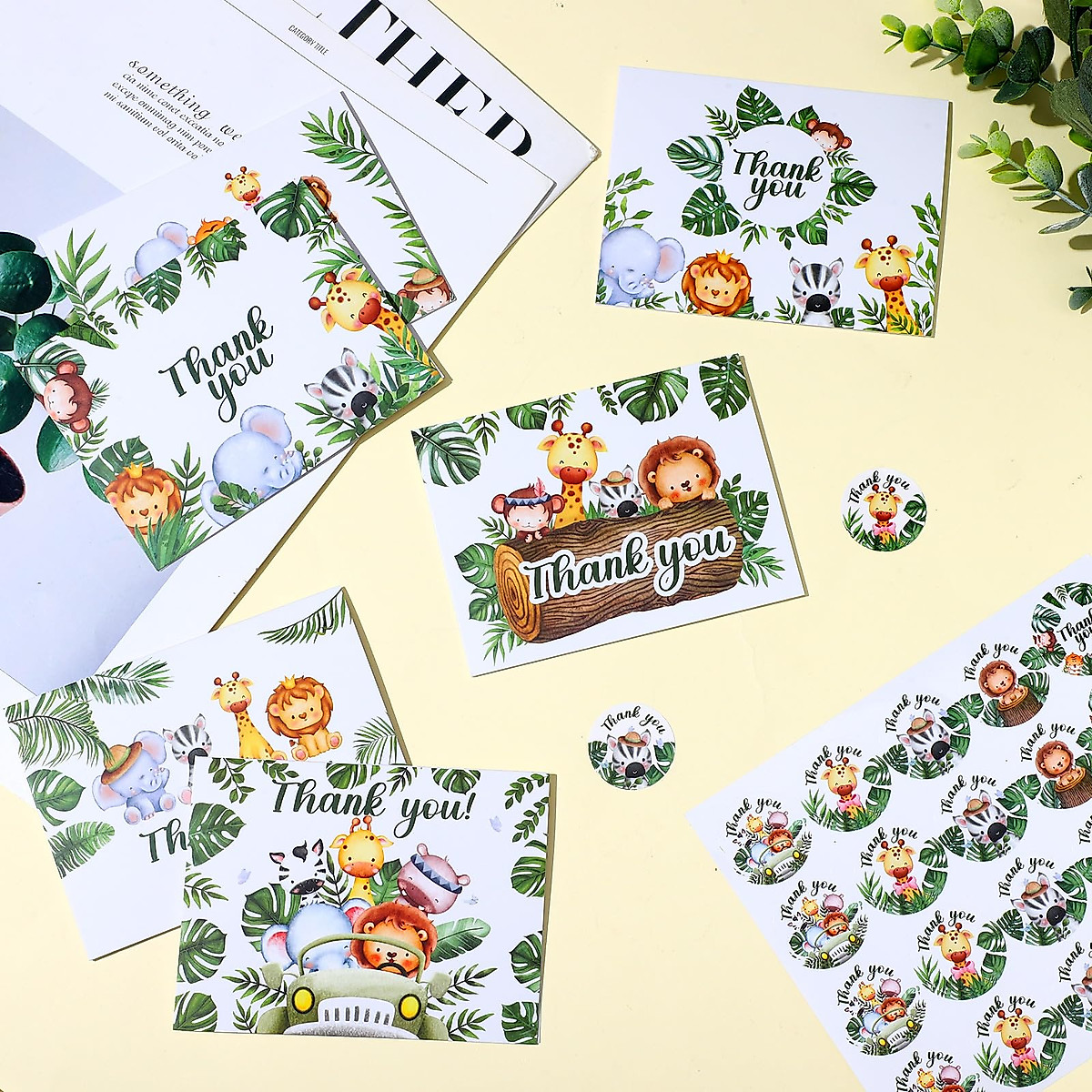 100 Pcs Safari Jungle Thank You Cards with Envelopes Stickers Forest Animals Greenery Greeting Note Cards Woodland Zoo Gratitude Card for Baby Shower Kids Birthday Party Supplies