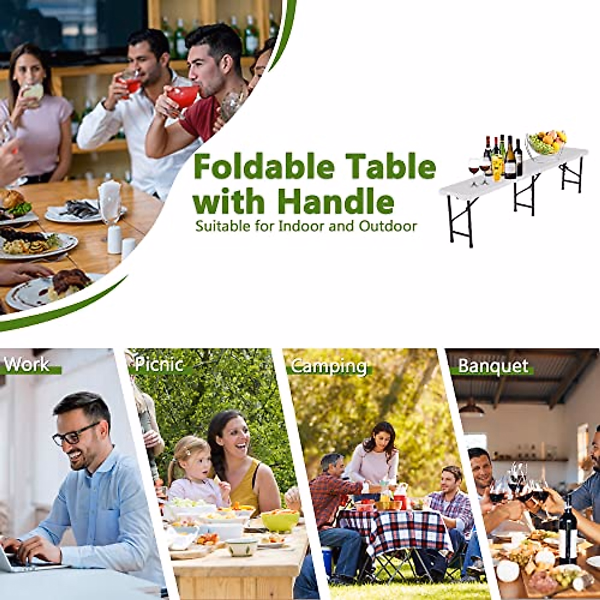 Portable Folding Bench 6 Foot Outdoor Benches Weatherproof, Garden Bench with Carrying Handle, Easy Transport, Lightweight Plastic White Bench for Indoor and Outdoor Seating Picnic Party Camping