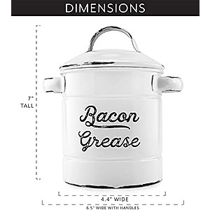 AuldHome Grease Container, White Enamelware Bacon Grease Can with Strainer, Farmhouse Style, Keto-Friendly