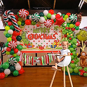Christmas High Chair Banner, Christmas 1st Birthday Sign Banner, Candy Cane Red & Bright Green Highchair Garland,Christmas Crown Hat for Kids Christmas First Birthday, Photo Booth Props And Cake Smash