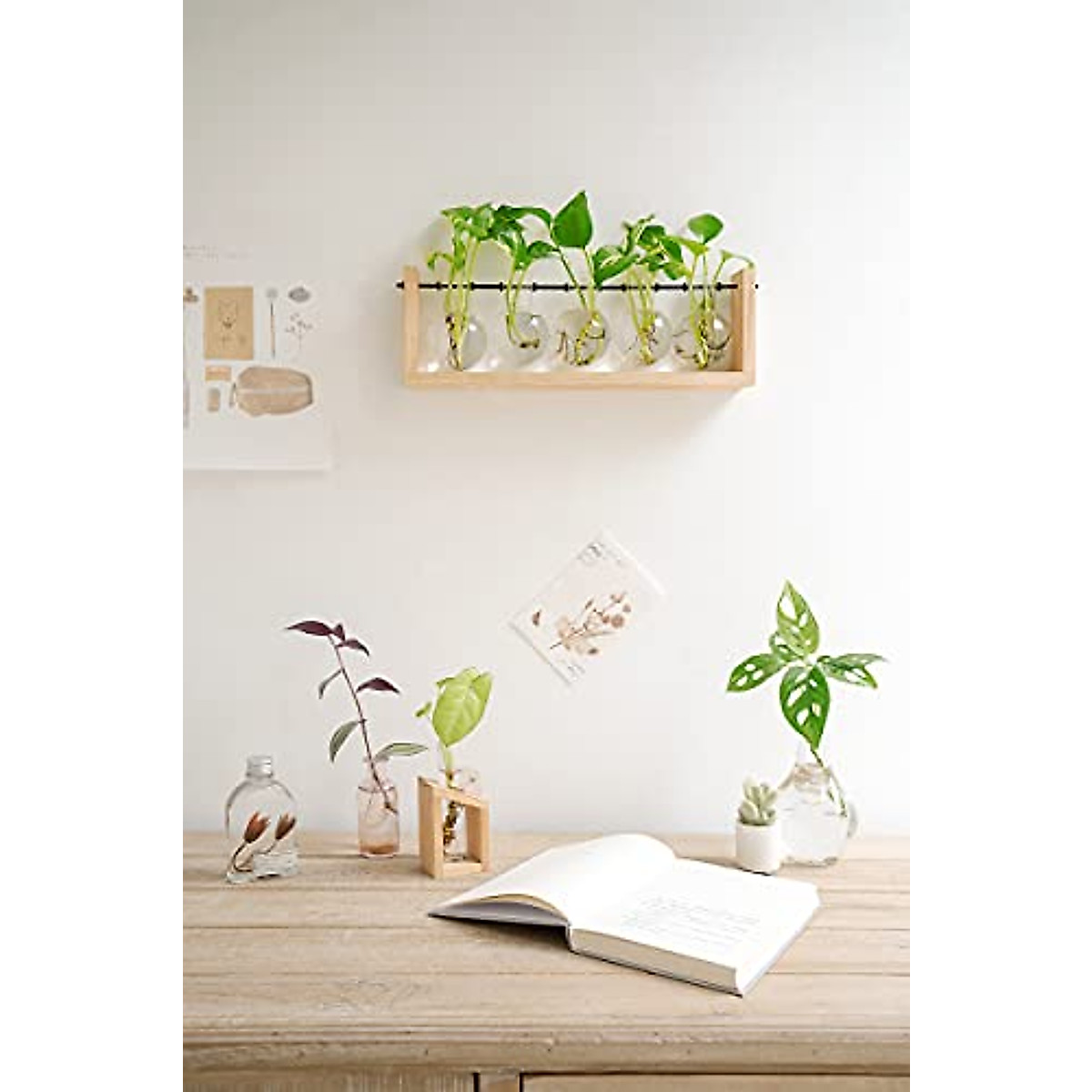 Mkono Plant Terrarium with Wooden Stand, Wall Hanging Glass Planter Desktop Plant Propagation Vase with Metal Swivel Retro Rack for Hydroponics Plants Home Office Decor (5 Bulb Vase)