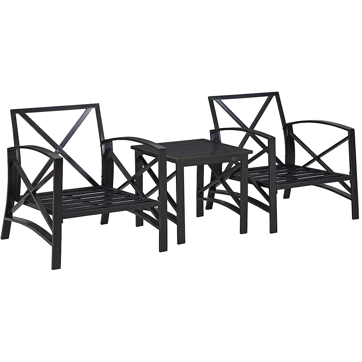Crosley Furniture Kaplan 3-Piece Outdoor Chair and Side Table Set, Patio Conversation Sets for Porch, Deck, Oiled Bronze with Mist Cushions