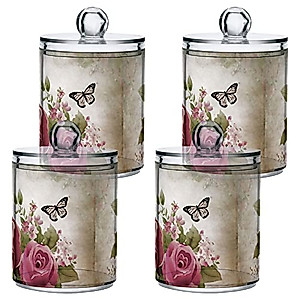 ALAZA 2pcs Vintage Rose Flower Butterfly Qtip Holder Dispenser 14 oz Bathroom Storage Clear Apothecary Jars Containers Cotton Ball,Cotton Rounds,Floss Picks, Hair Clips, Food