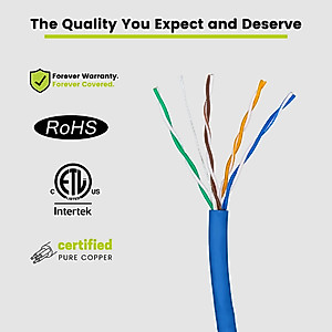 trueCABLE Cat5e Riser (CMR), 1000ft, Blue, 24AWG 4 Pair Solid Bare Copper, 350MHz, PoE++ (4PPoE), ETL Listed, Unshielded Twisted Pair (UTP), Bulk Ethernet Cable