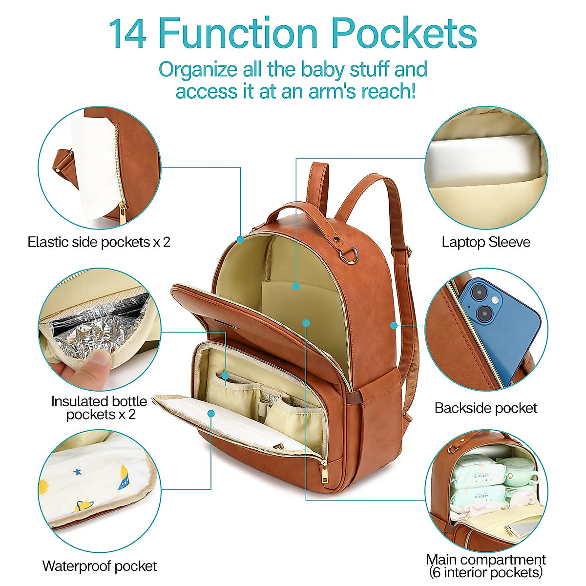 Beaulyn Leather Diaper Bag Backpack with Changing Pad - 14 Pockets Large Capacity Waterproof Baby Bag Backpack for Mom Dad, Perfect Baby Shower Gifts