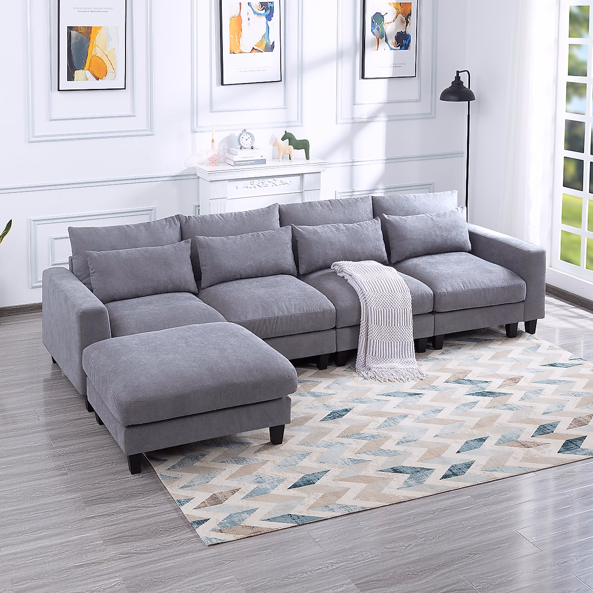 Lepfun Oversized Fabric Set, Extra Large L Shaped Reversible Chaise Sectional Couch, 124.4” Width, 4 Seat Modular Sofa with Storage Ottaman, Light Grey