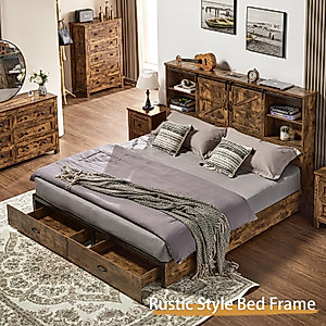 VanAcc Queen Size Bed Frame, Wooden Platform Storage Bed with 51.2" Bookcase Headboard, 2 Drawers, Charging Station/No Box Spring Needed/Noise Free(Rustic Brown)