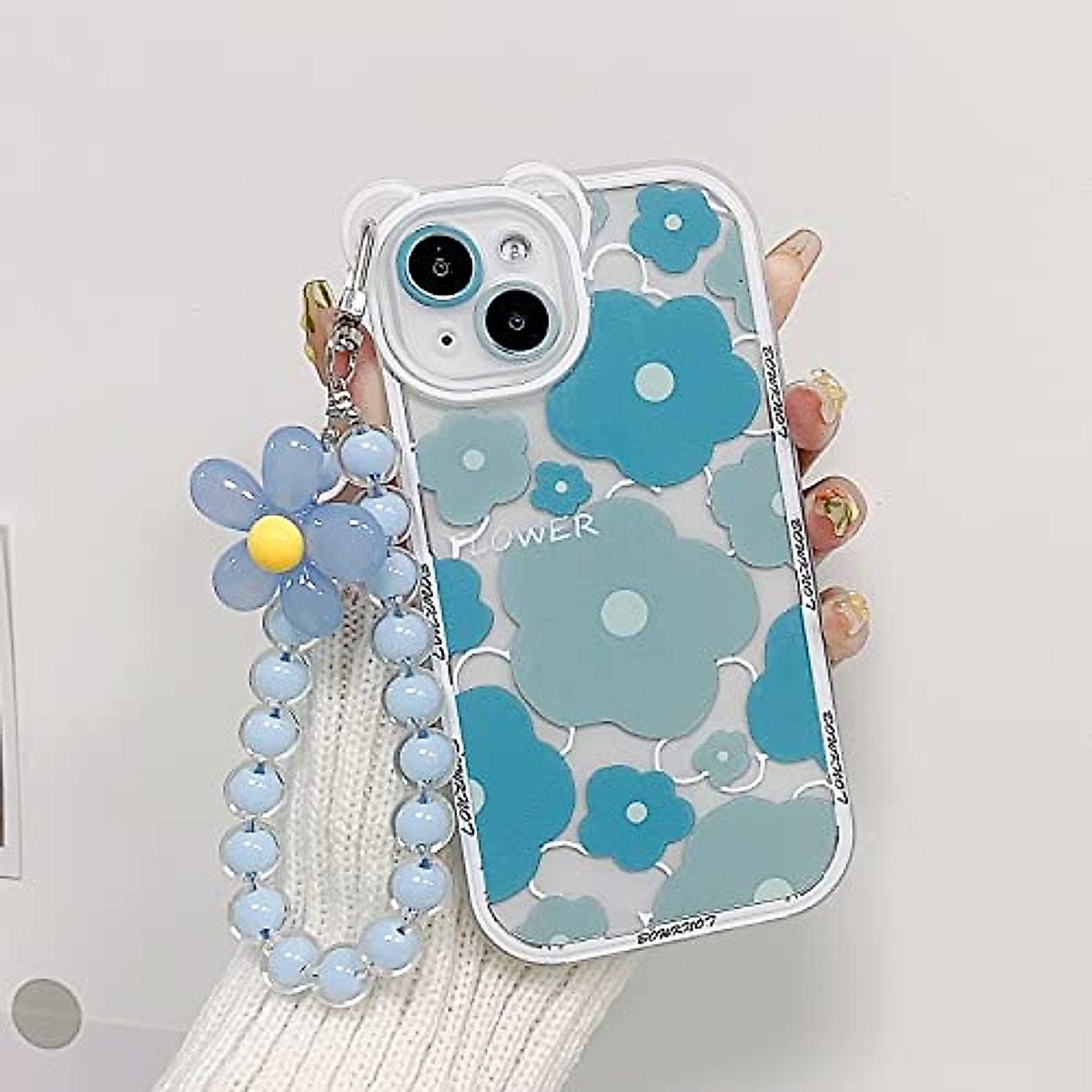 NITITOP Compatible for iPhone 13 Case Clear Floral Bear Camera Lens Case with Lovely Flower Bracelet Chain for Women Girls, Soft TPU Shockproof Cover-Blue