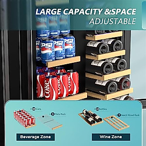 EUHOMY Wine and Beverage Refrigerator, 24 Inch Dual Zone Wine Cooler with Glass Door Hold 21 Bottles and 88 Cans, Built in or Under Counter Wine Fridge with Blue LED Light