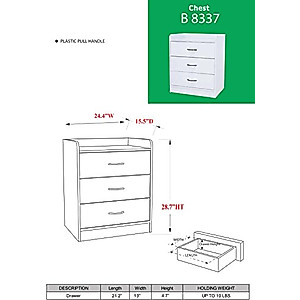 Kings Brand Furniture Jericho White Wood 3 Drawer Chest