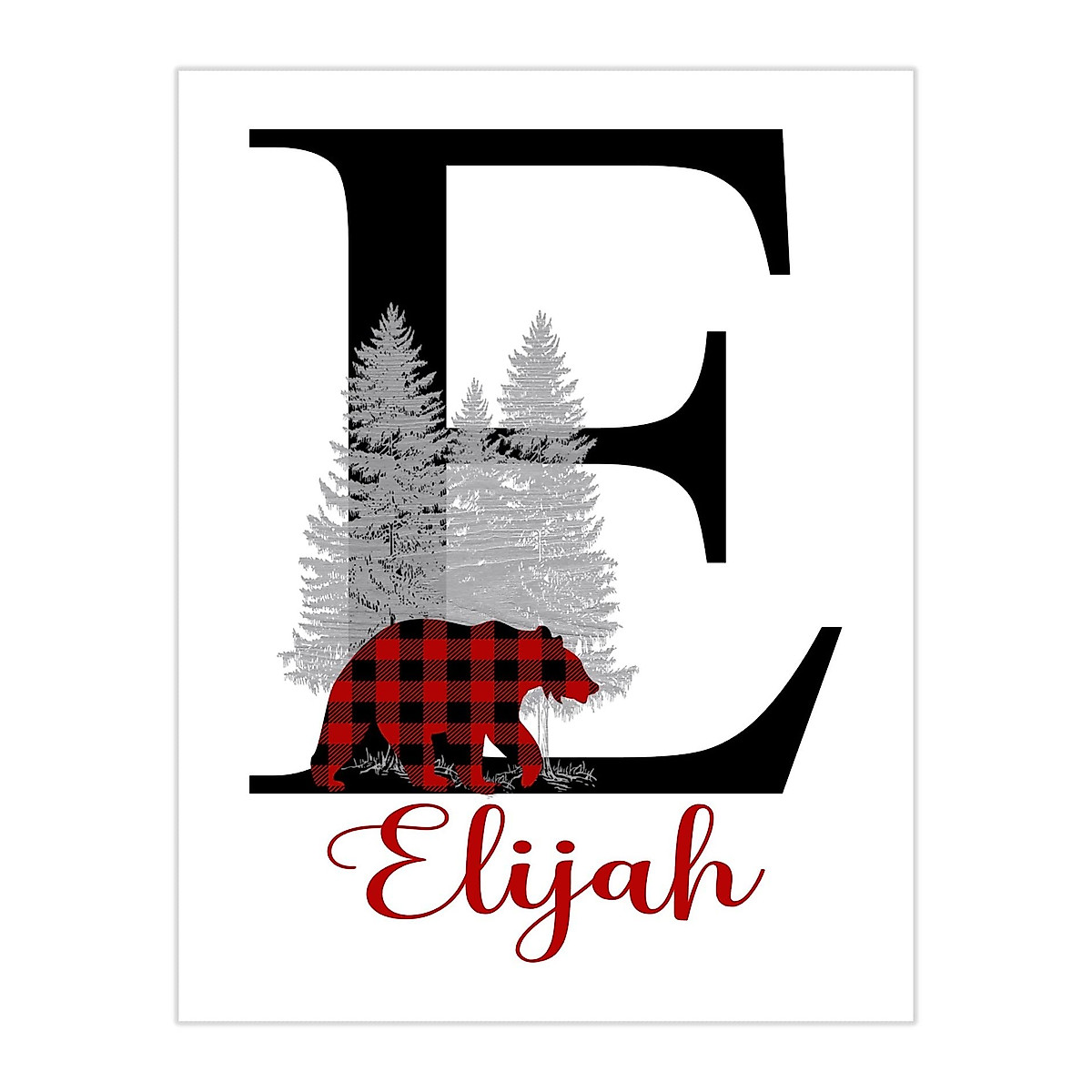 Personalized Woodland Bear Buffalo Plaid Baby Boy Nursery Decor Unframed Print - Baby Name Letter Initial Monogram