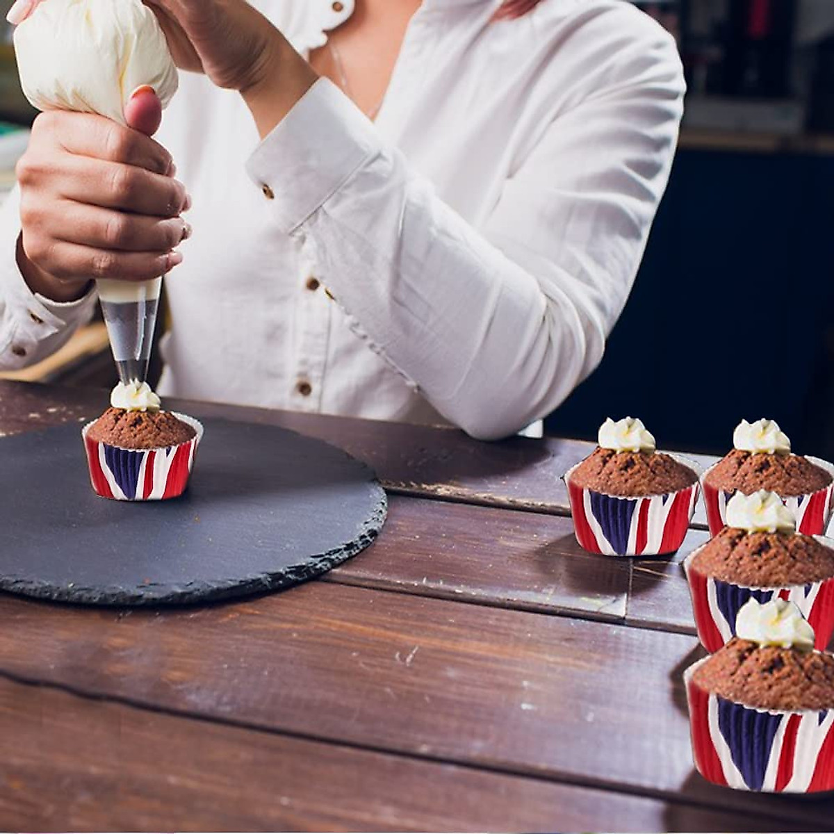 120 Pcs Union Jack Paper Cupcake Liners Coronation Cupcake Cases Baking Cups Muffin Cake Cups Great Britain Table Food Decorations for King Charles III Coronation Party Decorations, Red/White/Blue