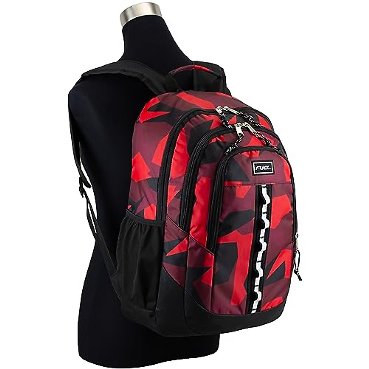 FUEL Large Multipocket Unisex Backpack with Water Resistant Bottom for Class, Travel, and Outdoors - Red Camouflage